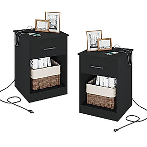 Reettic Set of 2 Nightstand with Charging Station and USB Ports & Power Outlets, Wooden End Table with Drawer and Opening Shelf, Side Table for Bedroom, Black RCTG101BE02
