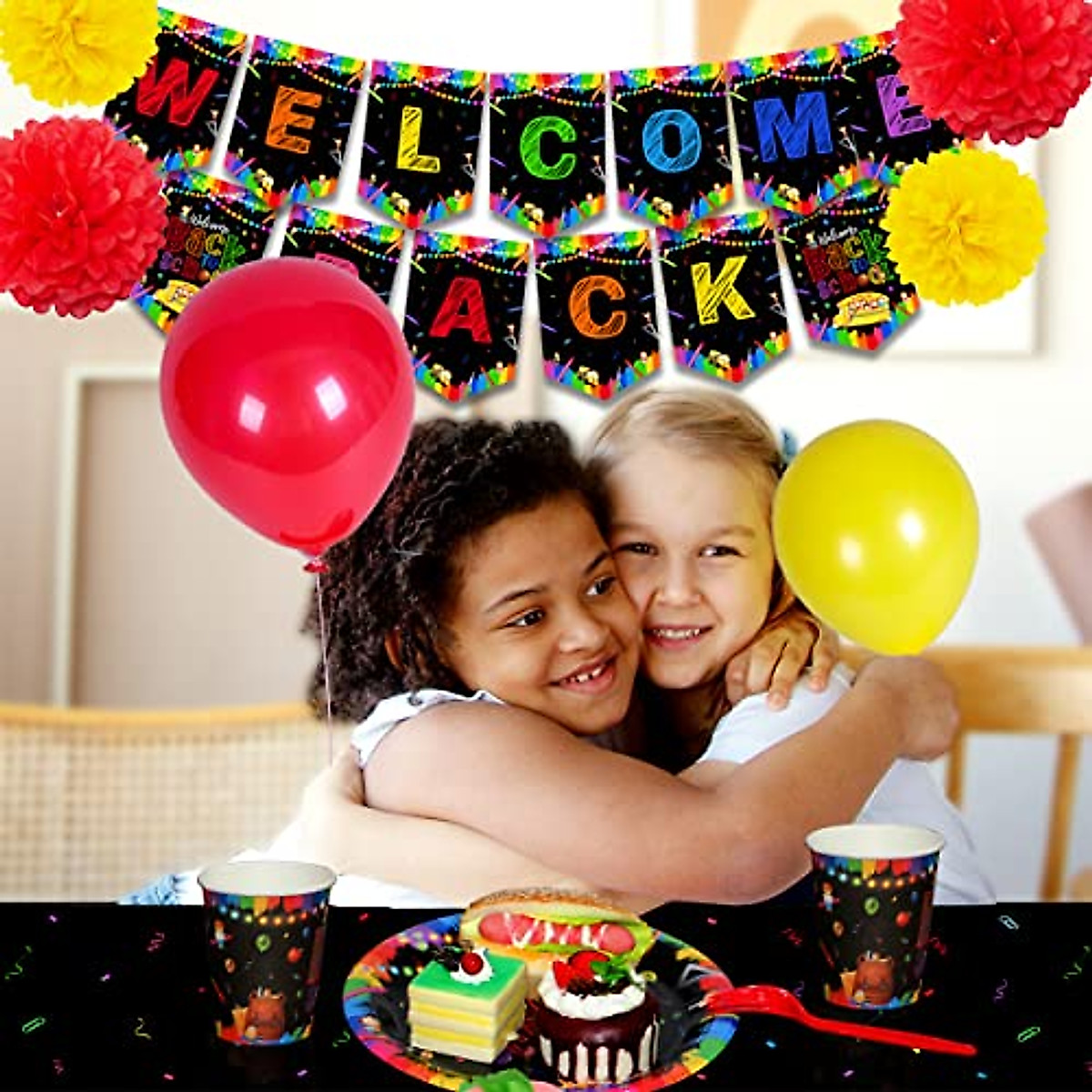 Welcome Back to School Decorations-School Bus Party Supplies Cutlery Set Back to School Banner, Back to School Tablecloth, School Bus Plate for Bus Wheel Parties School Bus Themed Party (BLACK)