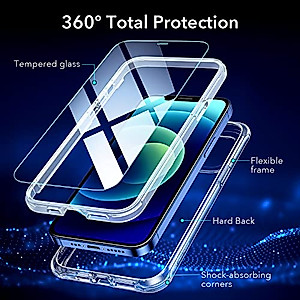 ESR Military-Grade 360° Hybrid Protection Compatible with iPhone 12 Case/iPhone 12 Pro Case [10FT Drop Tested] [Heavy Duty Shockproof ] with [2 Tempered Glass Screen Protectors], 6.1" - Clear