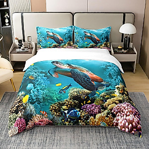 Sea Turtle 100% Nature Cotton Duvet Cover Full Size,Watercolor Underwater Sea Sealife Super Soft Bedding Set,Colorful Coral Reef Fishes Comforter Cover Bedding 3 Piece (No Comforter)