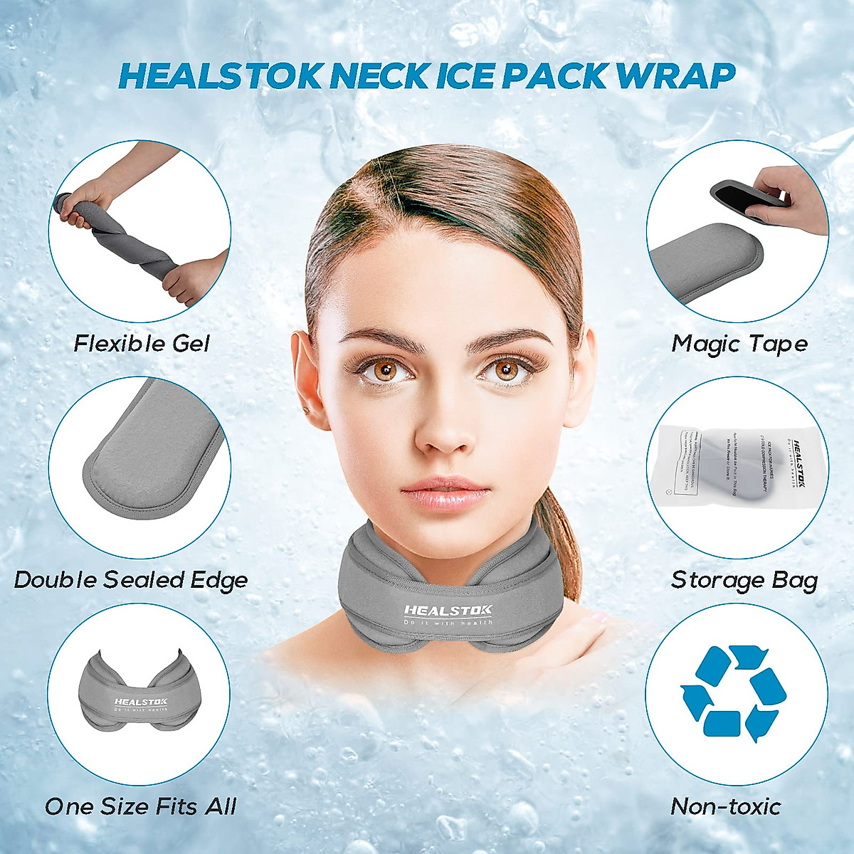 Neck Ice Pack Wrap,Cervical Ice Pack,Cold Compress Ice Packs for Neck Injuries Reusable Cold & Hot Therapy Adjustable Flexible Gel Migraine Ice Head Wrap for Neck Pressure (Grey)