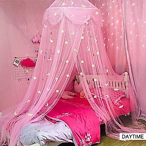 LokSuntec Bed Canopies for Girls Glow in The Dark Stars and Moon Princess Mosquito Net Crib Hanging Tent Bedroom Decoration for Kids Teen Girls Pink
