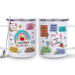 Hyturtle Teacher Appreciation Gifts for Women 12oz Stainless Steel Insulated Coffee Mug with Handle Sliding Lid And Spoon, Double Wall Vacuum Travel Mug Tumbler Cup