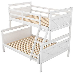 POCIYIHOME Twin Over Full Bunk Bed with Ladder, Wood Bed Frame with Slat Support & Full Length Guardrail for Kids,Teens Bedroom, Convertible into Two Separate Beds, No Box Spring Needed, White
