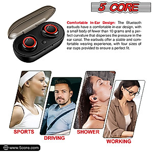 5 CORE Wireless Ear Buds • Mini Bluetooth 5.0 Noise Cancelling Earbud Headphones w Stereo Sound IPX8 Waterproof for Sports Workout EP01
