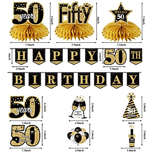 50th Birthday Banner Decorations for Men Women, 10Pcs Happy 50th Birthday Banner Honeycomb Centerpieces Swrils Kit