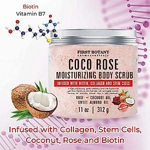 First Botany, Coconut Rose Body Scrub Exfoliator with Biotin, Collagen Stem Cells, Natural Exfoliating Salt Scrub Body & Face Souffle help Moisturizing Skin Acne, Cellulite, Skin Scar, Wrinkles 11 oz