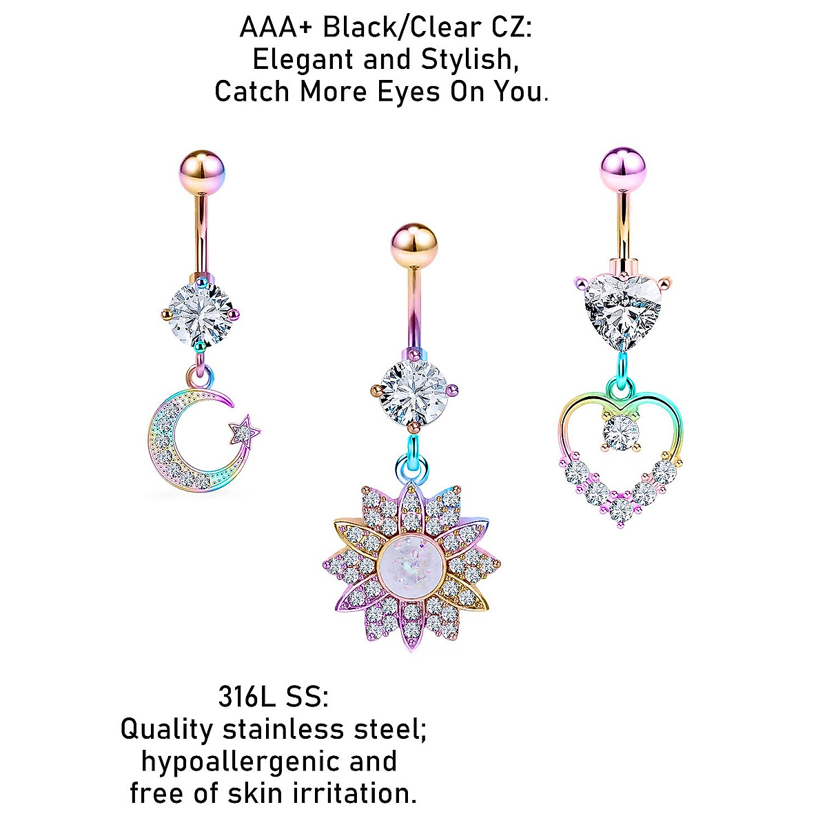 kwoencxi 14G Belly Button Ring for Women Stainless Surgical Steel Long Dangle Curved Hypoallergenic Belly Navel Ring Barbells Bar Belly Piercing Jewelry for Women Colorful 10mm CZ Diamond Gem