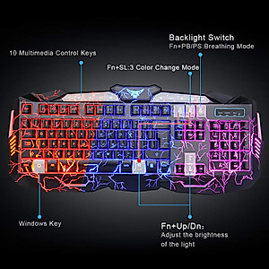 BlueFinger Backlit Gaming Keyboard and Mouse Combo,USB Wired Backlit Keyboard Mouse Game Set,Multimedia Keys,3 Color LED Crack Illumination Keyboard Mouse for Game and Work