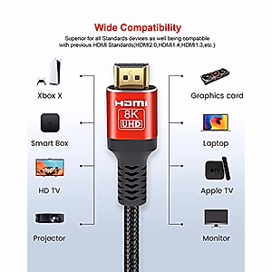 SKW 8K HDMI 2.1 Cable 15ft, 48Gbps Ultra High Speed HDMI Braided Cord, Supports 8K@60Hz, 4K@120Hz 144Hz, DTS:X, HDCP 2.2 & 2.3, eARC, HDR 10, Compatible with TV Xbox PS4 PS5 Monitor Blu-Ray