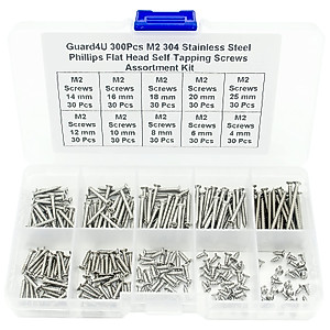 Guard4U 300Pcs M2 304 Stainless Steel Phillips Countersunk/Flat Head Self-Tapping Screws Assortment Kit- Wood Screws M2 x 4mm/ 6mm/ 8mm/ 10mm/ 12mm/ 14mm/ 16mm/ 18mm/ 20mm/ 25mm