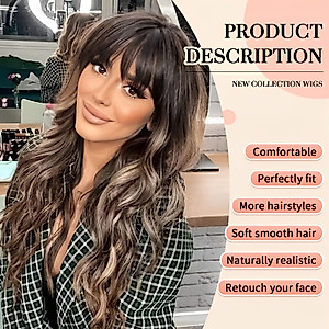 KOME Ombre Brown Wigs with Bangs,Brown Highlight Long Wavy Wig for Women,Long Curly Wigs Synthetic Hair Wig for Party Cosplay Daily Use 24IN
