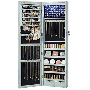 SONGMICS 6 LEDs Mirror Jewelry Cabinet, 47.2-Inch Tall Lockable Wall or Door Mounted Jewelry Armoire Organizer with Mirror, 2 Drawers, 3.9 x 14.6 x 47.2 Inches, Rustic Green UJJC93UJ