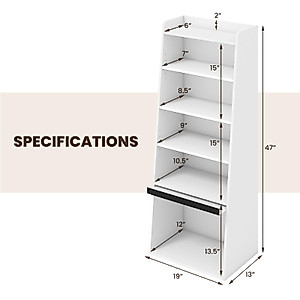 Tangkula White 6 Tier Bookcase, Modern Bookshelf w/ 2 Adjustable Shelves & Flip-up Door, Wood Storage Cabinet w/ 5 Open Shelves, Freestanding Display Shelf for Living Room Study (White, 6 Tier)