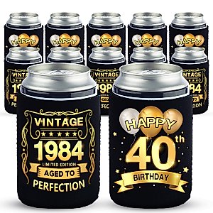 Greatingreat 40th Birthday Can Cooler Sleeves Pack of 12-40th Anniversary Decorations- Vintage 1984-40th Birthday Party Supplies - Black and Gold Fortieth Birthday Cup Coolers