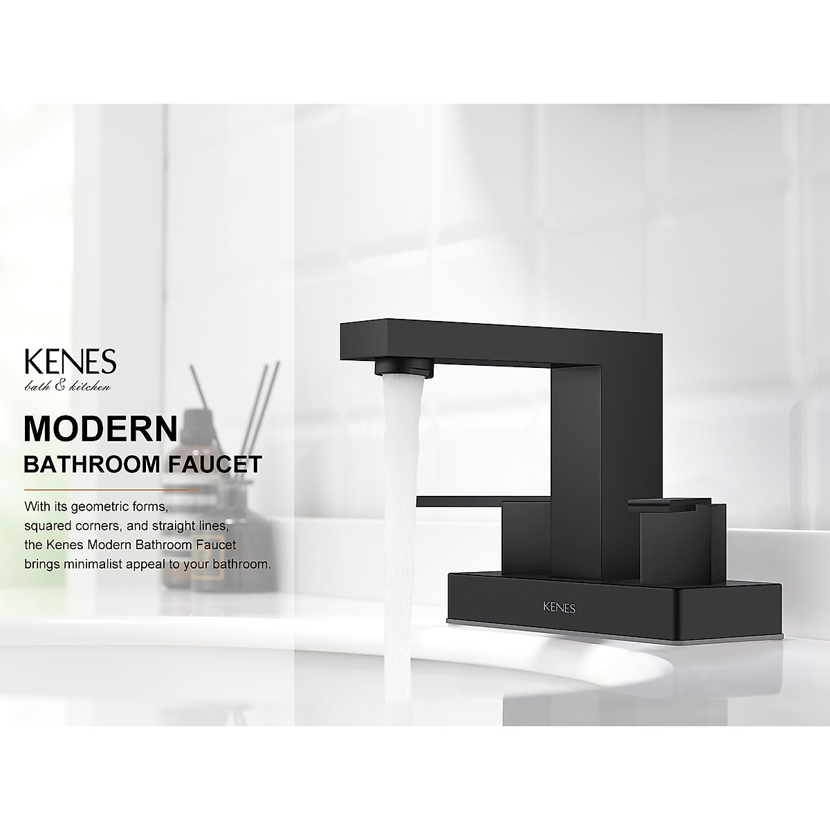 KENES Black Centerset Bathroom Faucet 3 Hole Bathroom Sink Faucet Matte Black Two Handle Modern Vanity Faucet with Pop Up Drain & Supply Lines, KE-9051-2-P