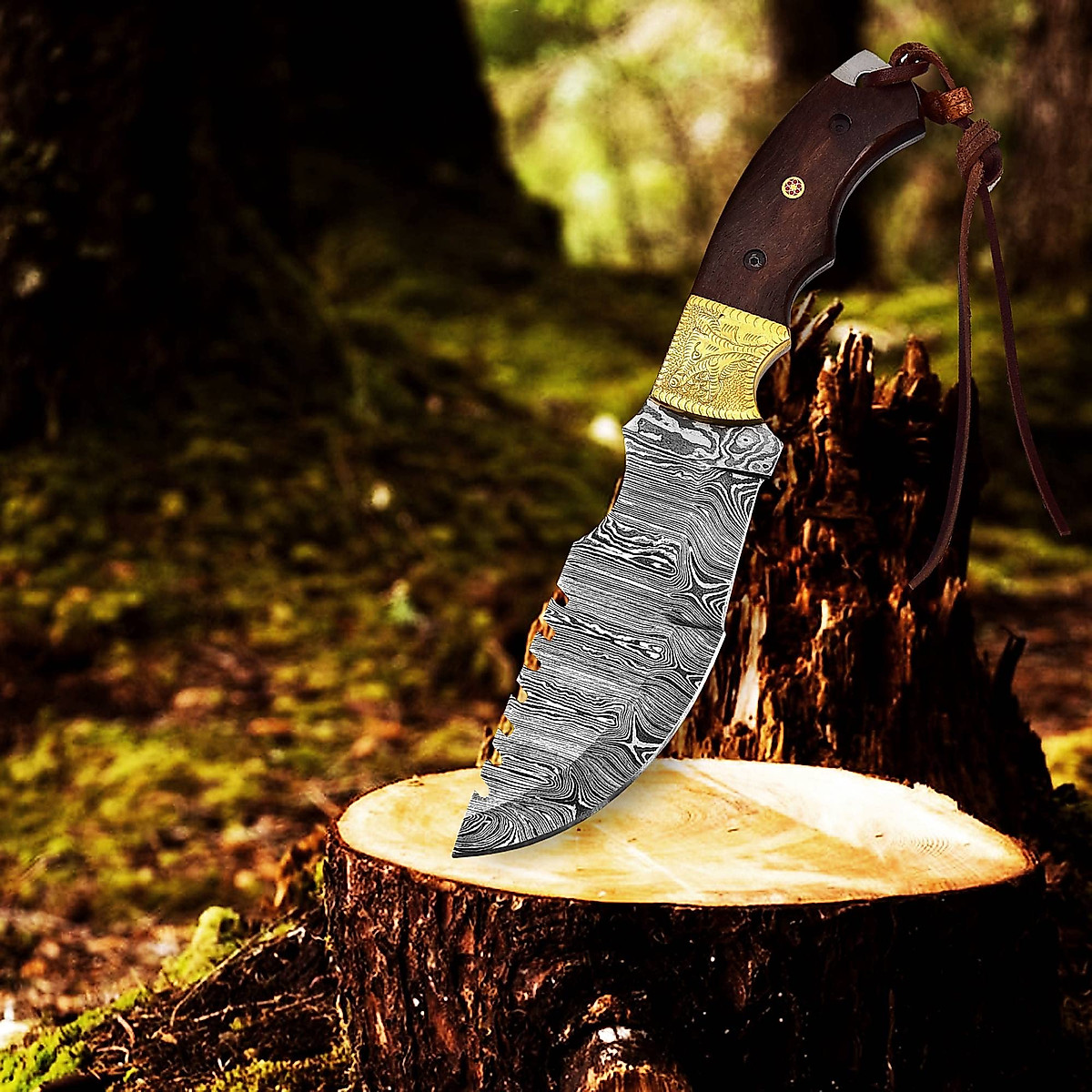 Dessi Tracker Knife: Hand-Forged Damascus Steel Blade - Perfect for Hunting, Camping, Tactical & Survival Use - With Horizontal Carry-Back Leather Sheath for Men SM71