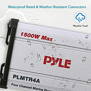 Pyle 4-Channel Marine Amplifier Receiver - Waterproof and Weatherproof Audio Subwoofer for Boat Stereo Speaker & Other Watercraft - 1200 Watt Power, Wired RCA, AUX and MP3 Audio Input Cable - PLMTR4A