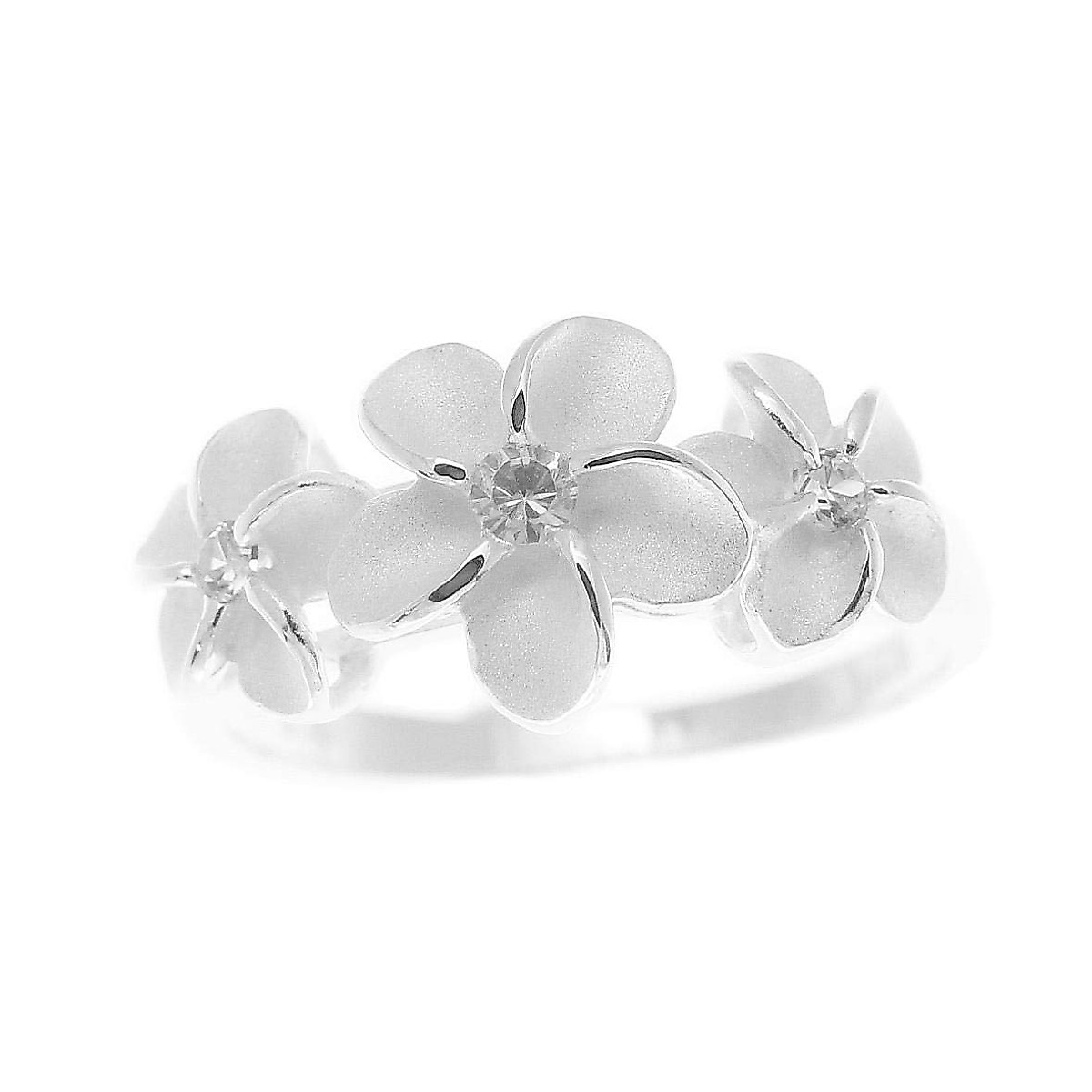 Arthur's Jewelry Sterling silver 925 3 Hawaiian plumeria flower ring clear cz size 8