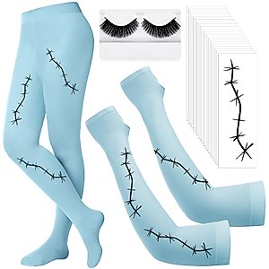 Didaey Costume Accessories Include 20 Sheets Halloween Scars Stitches Tattoos Solid Colored Opaque Footed Tights Arm Compression Sleeves Halloween False Lashes for Women