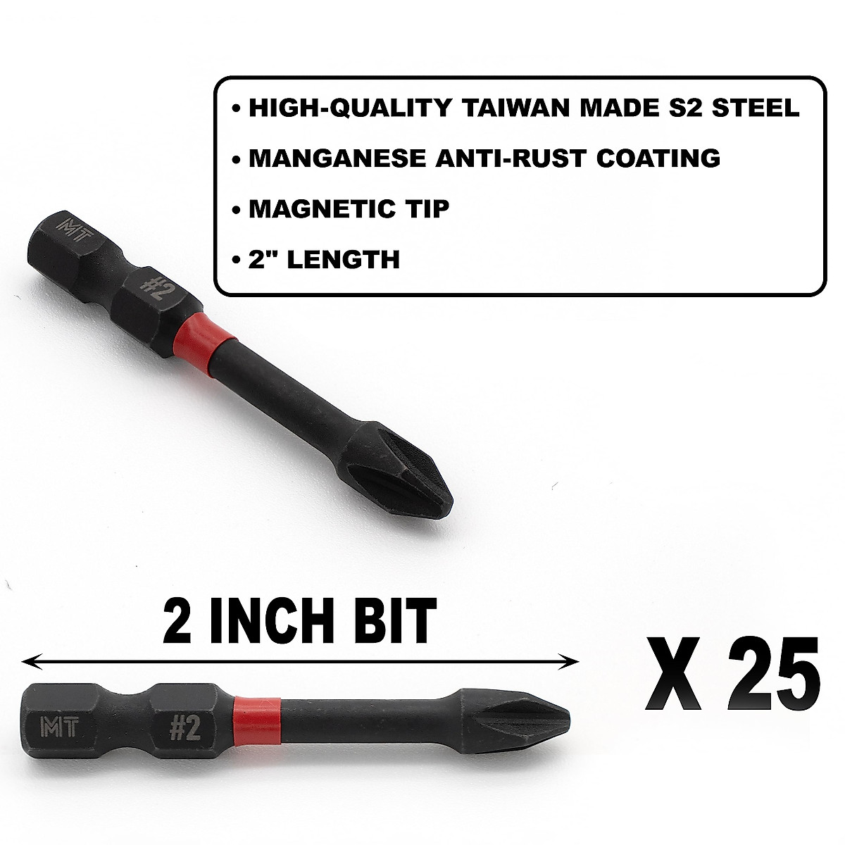Impact-Rated #2 Phillips Bits 25 pcs Set 2 inch (50mm) Long - Strongly Magnetized for Non-Slip, Tough Taiwan S2 Steel, Manganese Anti-Rust Coating, Includes Rigid Case with Magnetizer