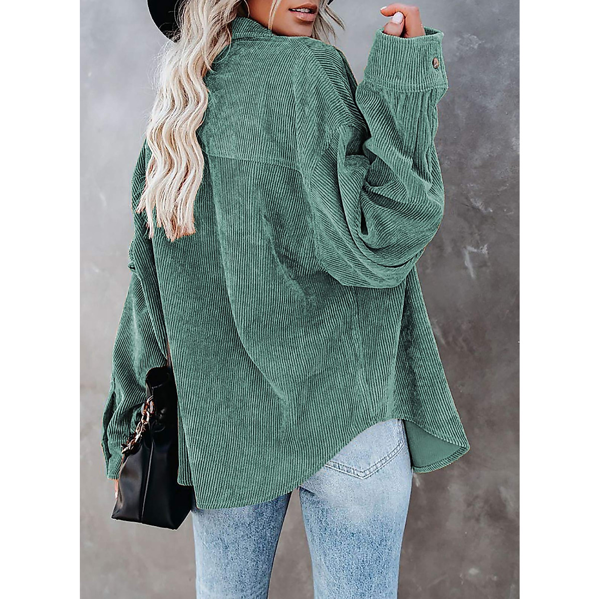 Dokotoo Womens Corduroy Shirts Button Down V Neck Long Sleeve Blouse Casual Roll Up Cuffed Tops with Pockets L Green