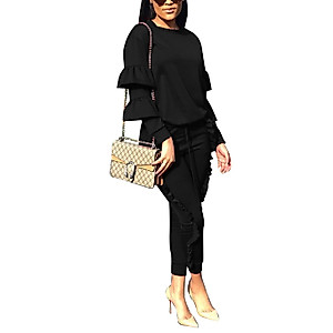 KANSOON Women 2 Pieces Outfits Long Sleeve Sweatshirt and Bodycon Ruffle Sweatpants Tracksuits Black Large