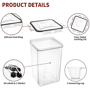 Skroam 4PCS Airtight Food Storage Containers with lids 6.5L/220oz, Flour Sugar Containers for Kitchen Pantry Organization, Storage Containers for Pantry, 1 Measuring Cup & 20 Labels