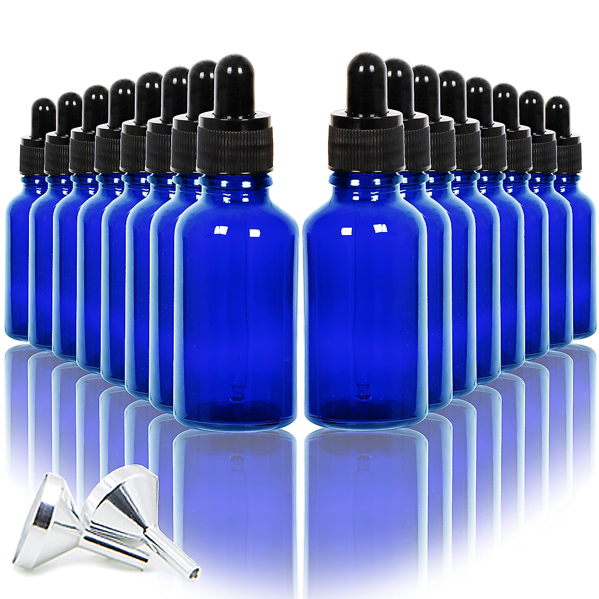 Youngever 16 Pack 1 Ounce Glass Dropper Bottles for Essential Oil, 2 Stainless Steel Mini Funnels (Blue)