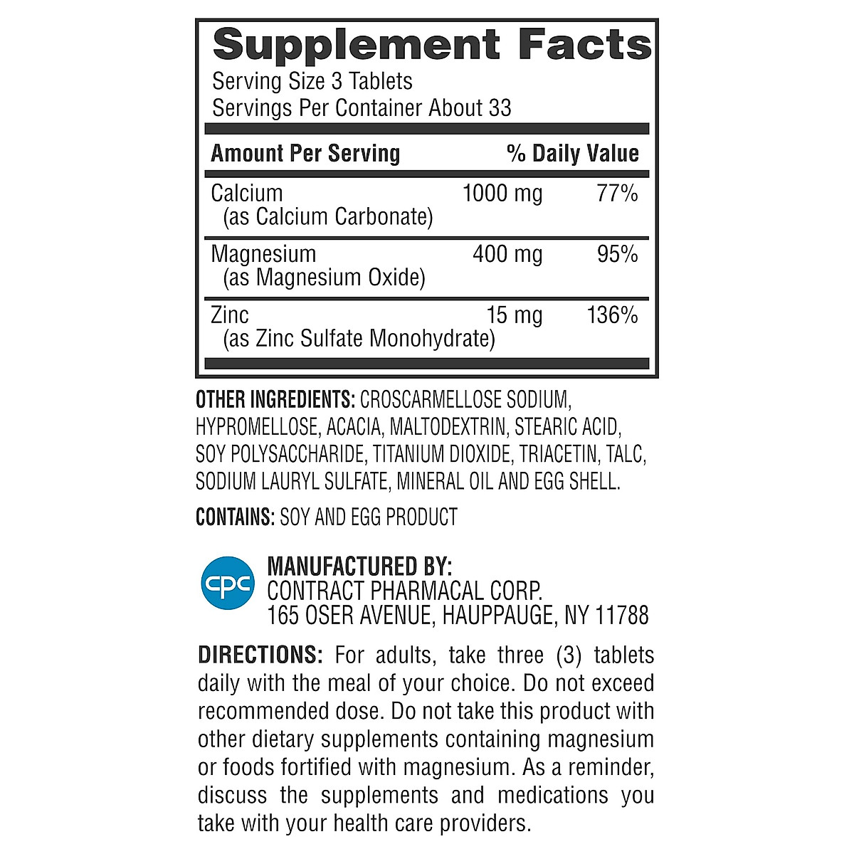 Earth's Splendor 1000 mg Calcium, 400 mg Magnesium, and 15 mg Zinc, Heart and Immune System Health, Bone and Muscle Support Dietary Supplement, 100 Tablets 1 + Month Supply