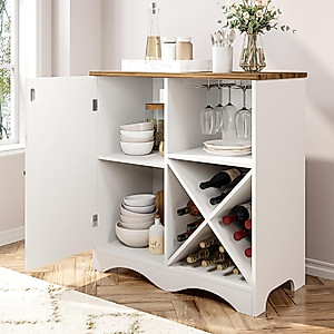 DWVO White Wine Bar Cabinet, 32" Kitchen Coffee Bar Cabinet with 2-Row Glass Holder and 4-Grid Wine Rack, Oak Wood Sideboard Buffet Storage Cabinet for Kitchen, Dining Room