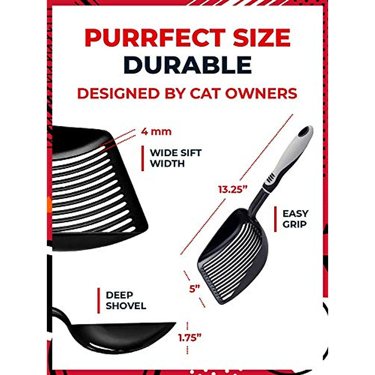 iPrimio Cat Litter Scooper with Deep Shovel - Non Stick Plated Aluminum Scoop - Modern Scooper Holder -Works with All Metal and Plastic Scoopers