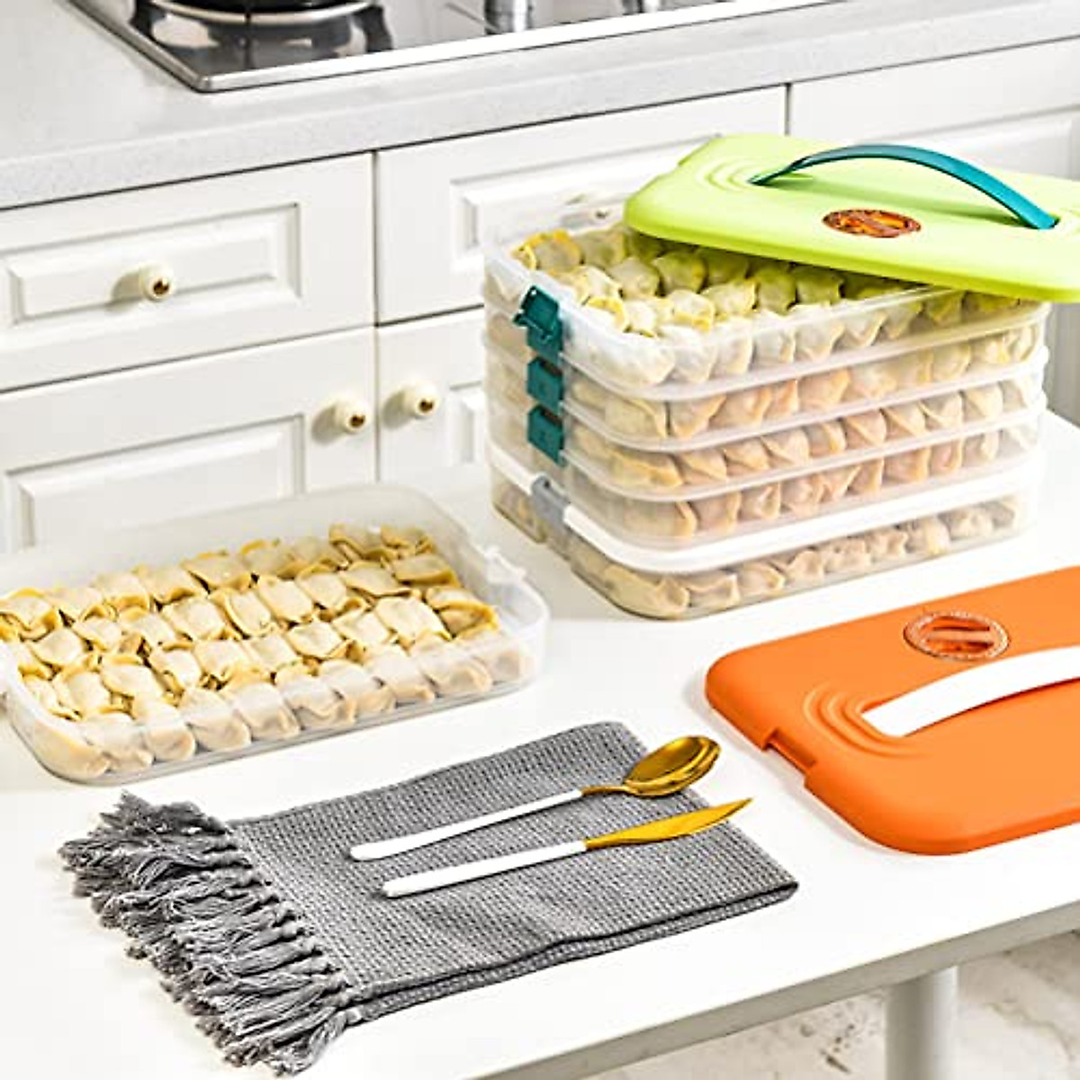 OHEPFD Refrigerator Organizer Bins,Food Storage Containers with Lids Dumpling Storage Box 3-Layer Stackable Food Storage Tray Organizer Holder for Kitchen Fridge, Dark Green 3 Layer, 30.5*23*12cm