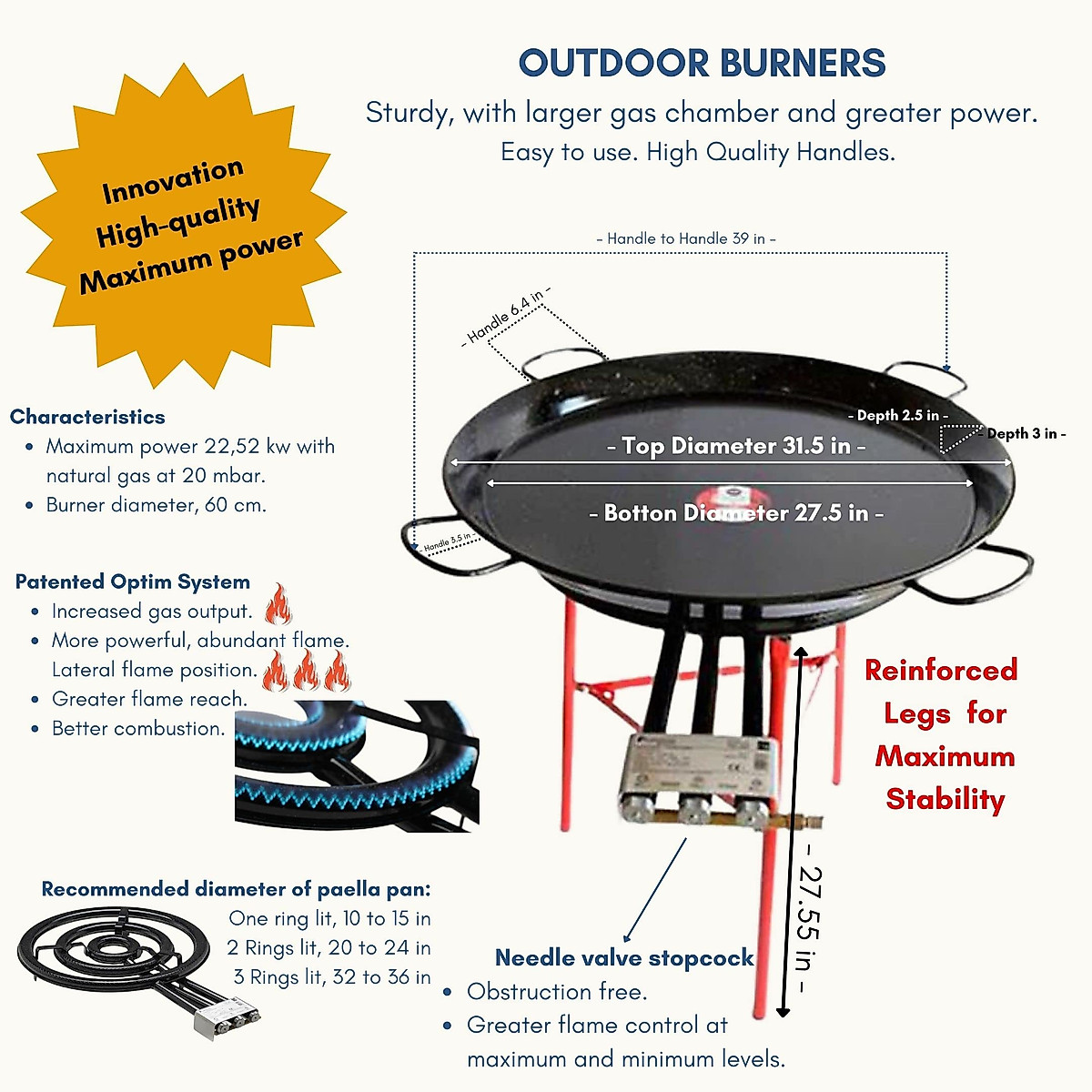 Vaello by Castevia Imports Paella Pan Enamelled + Paella Gas Burner and Stand Set - Complete Paella Kit for up to 40 Servings (Nonstick)