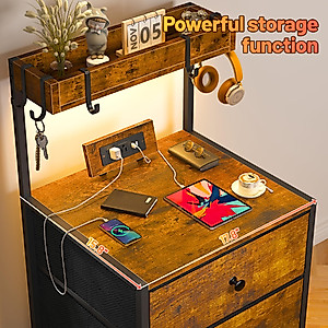 EnHomee Tall Nightstand Set of 2 with Charging Station and Led Lights Nightstand with 3 Drawers and Shelves Bedside Table with USB Ports and Outlets, for Bedroom, 4 Hooks, Rustic Brown