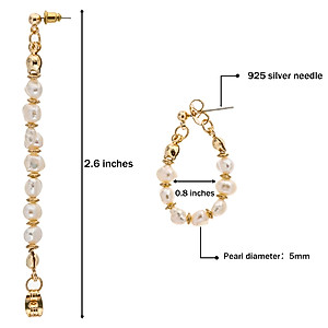 Pearl Hoop Earrings 925 Silver Handmade Baroque Cultured Pearls Dainty Circle Dangle Vintage Geometric Hypoallergenic 14K Gold Plated Jewelry for Women