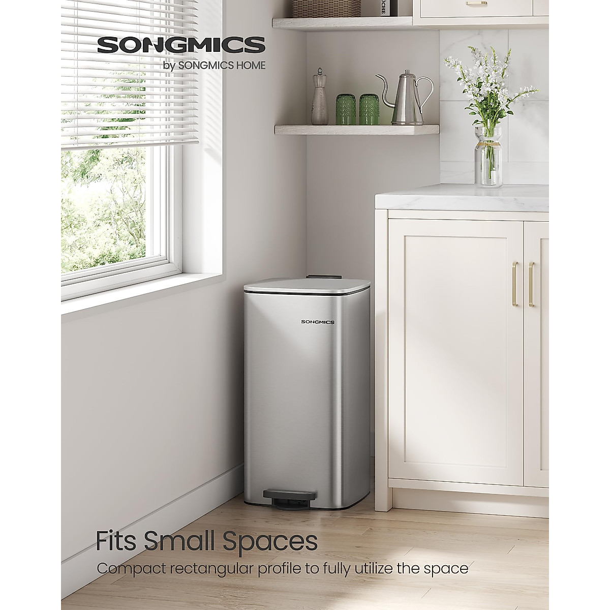 SONGMICS Kitchen Trash Can, 8-Gallon (30 L) Trash Bin, Stainless Steel Garbage Can, with Inner Bucket, Soft Close and Stays Open, Metallic Silver ULTB593E01