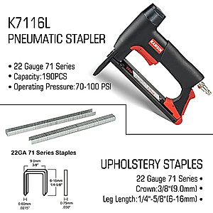 KAMSIN #7116L 22 Gauge Pneumatic Upholstery Stapler, 71 Series 3/8-Inch Crown Long Nose Air Power Fine Wire Staple Gun, 1/4-Inch to 5/8-Inch Leg Length Furniture Stapler for Fabric, Upholstering