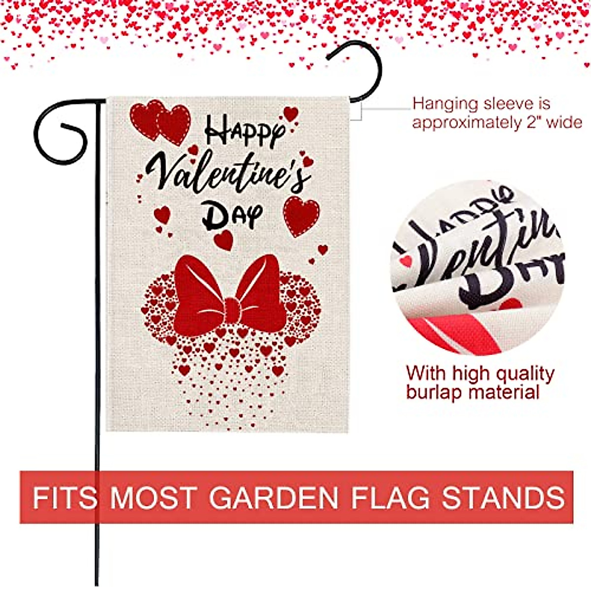 Juome Valentines Day Garden Flag Happy Valentine's Day Red Love Heart Double Sided Printing 2 Layer Burlap Flags for Outdoor Yard Holiday Decoration 12.5 x 18 Inch