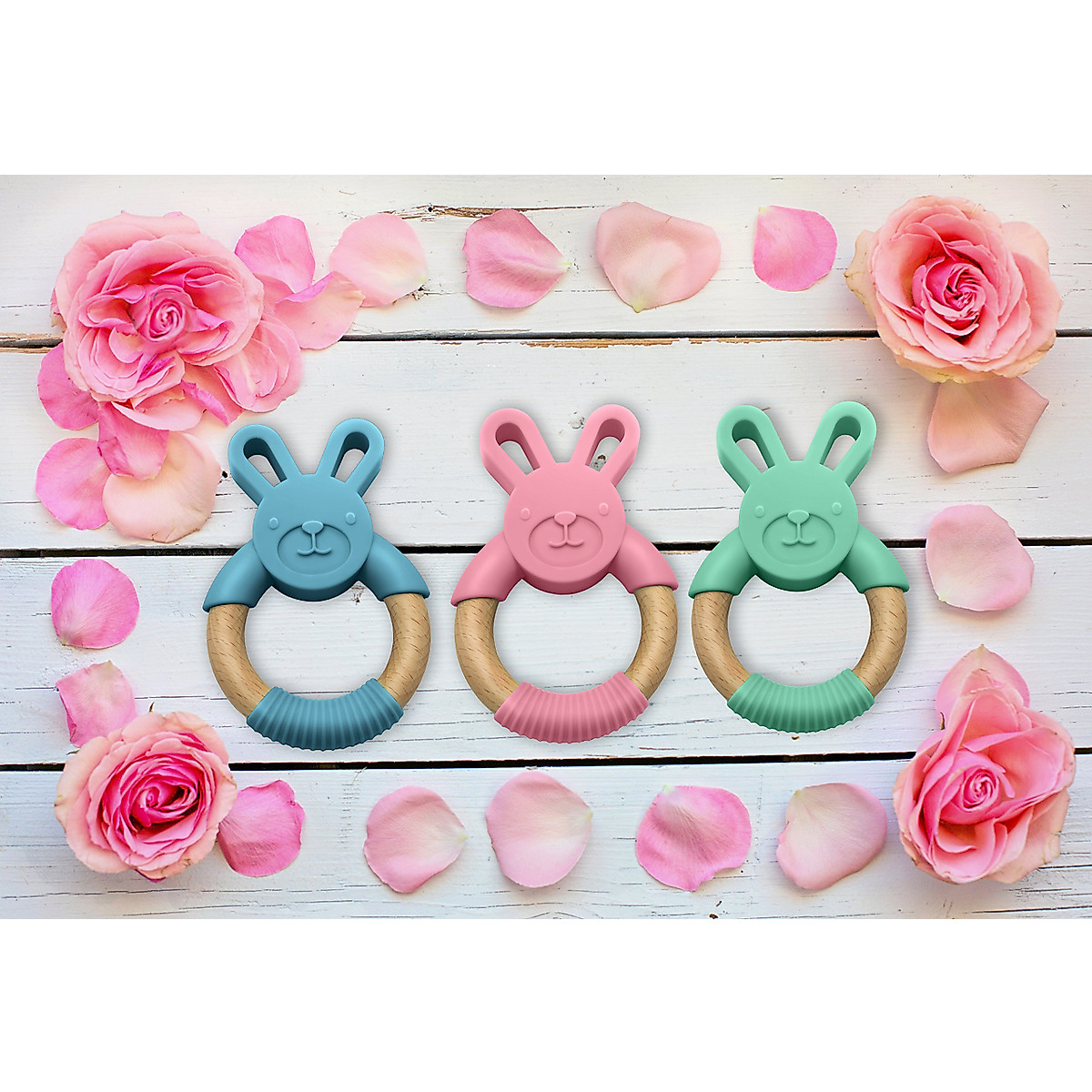 LittleFoot Nation Organic & Natural Bunny Rabbit Baby Teether Ring, 100% BPA Free Pure Food Grade Silicone & Beech Wood, Teething Pain Relief Toy for Toddlers & Infants (Pink)