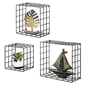 MyGift Modern Matte Black Metal Wire Mesh Wall Mounted Square Shadow Box Style Floating Display Shelves, Set of 3-11 inch, 10 inch, 8 inch