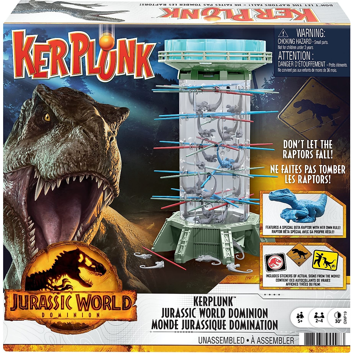 Mattel Games KerPlunk Jurassic World Dominion Kids & Family Game with Velociraptor Dinosaurs, Tower, Sticks, Die & Stickers