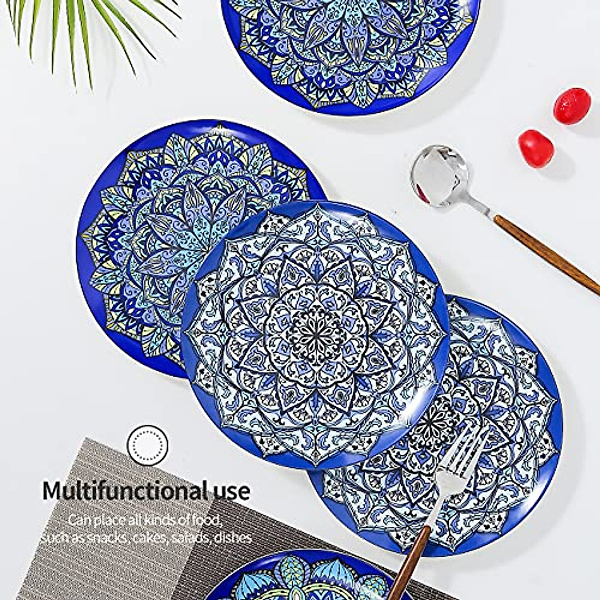 BFU 8 inch Porcelain Dinner Plates, Vintage Blue Plates Set of 6 for Dessert,Salad,Pasta, Pancakes, Steak,Appetizer,Microwave Safe Dinnerware - Bohemian Style