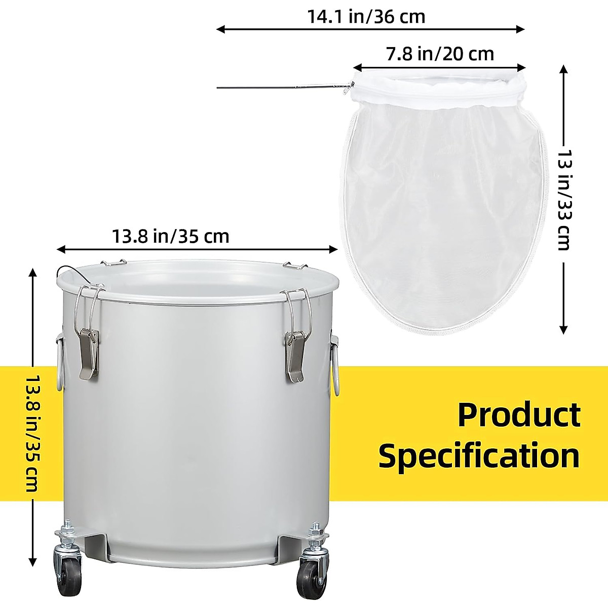 8 Gallon Fryer Grease Bucket Oil Disposal Caddy, Steel Fryer Oil Transport Container w/Rust-Proof Coating, Fry Oil Disposal Bucket w/Safety Lid & Lock Clips & Filter Bag for Cooking Restaurant