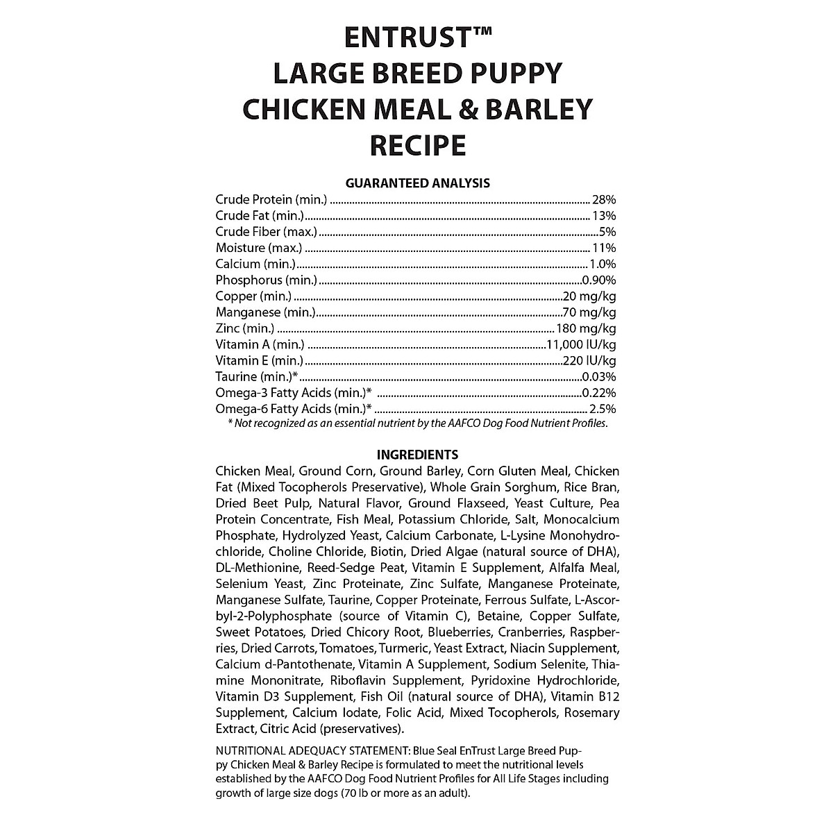 ENTRUST Large Breed Puppy Food | Real Chicken & Barley | Enriched with Super Foods, Antioxidants and Prebiotics | No Wheat or Soy | 20 Pound Bag