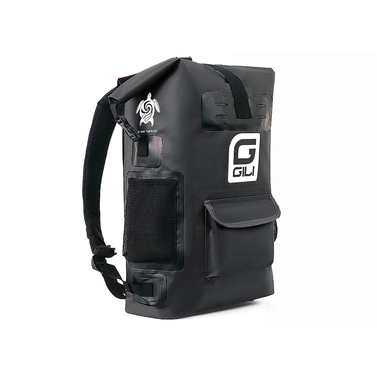 GILI Waterproof Backpack with Roll Top Closure, Easy Access Front Zipper, Side Mesh Pockets & Molle Webbing | Keep Your Gear Completely Dry while Paddle Boarding, Kayaking, Canoeing (28L Black)