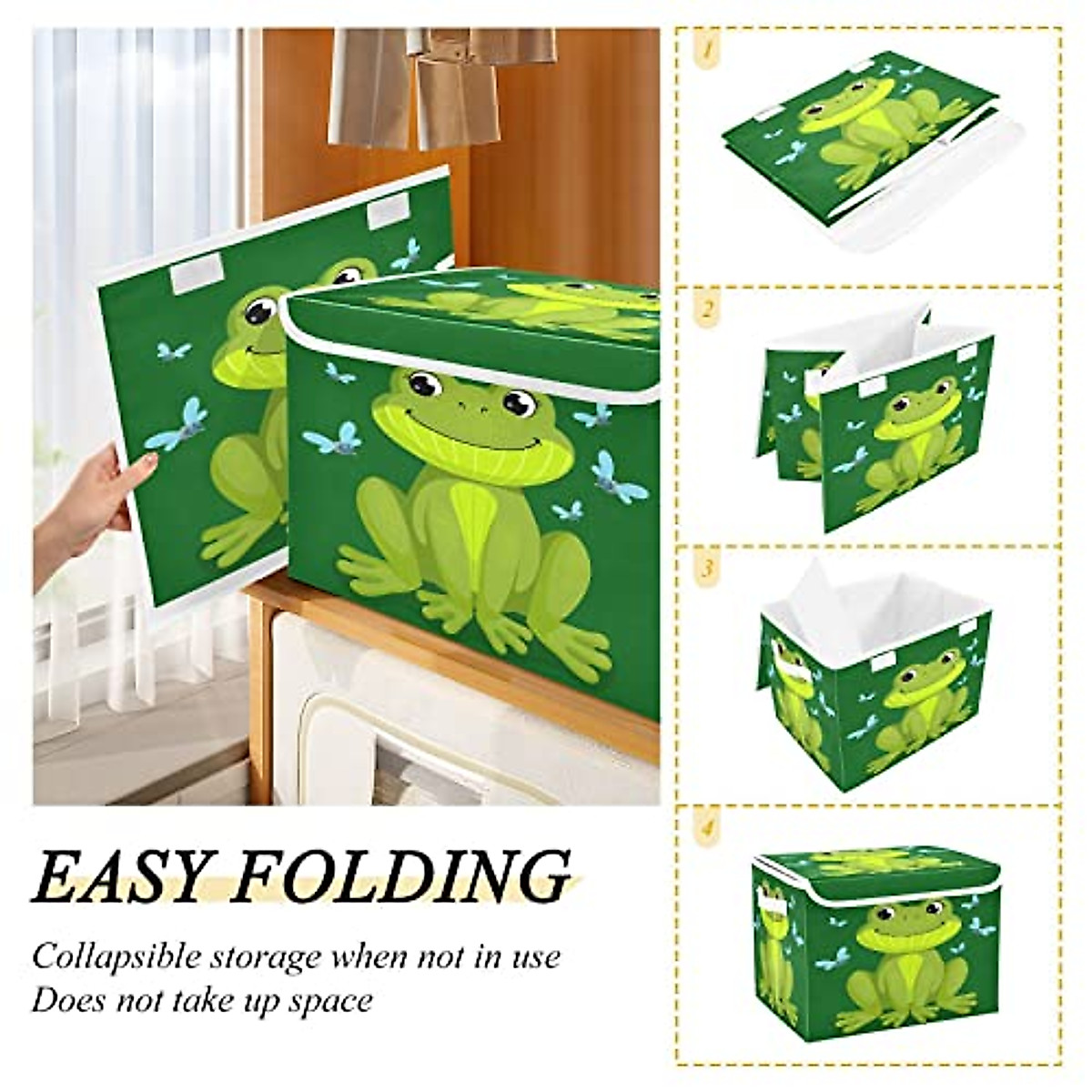 Krafig Cartoon Funny Animal Frog Foldable Storage Box Large Cube Organizer Bins Containers Baskets with Lids Handles for Closet Organization, Shelves, Clothes, Toys