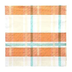 Fall Harvest Plaid Disposable Paper Lunch Napkins | Orange, Teal & Cream Colors | Perfect for Fall Parties, Thanksgiving & Decoupage | 24 ct | 2 ply | 6.5"x6.5" size folded