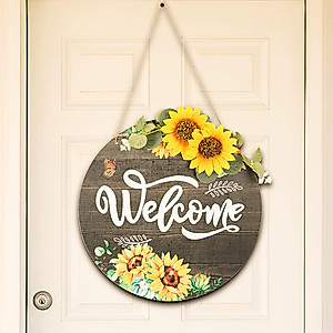 Anpress Welcome Sign for Front Door Round, 12x12inch Sunflower Welcome Sign Farmhouse Porch Decoration Rustic Artificial Sunflower Christmas Decor Wooden Hanging Sign for Home Garden Bedroom