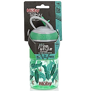 Nuby Thirsty Kids Flip-it Freestyle On The Go Water Bottle with Bite Resistant Hard Straw and Easy Grip Band, Green Banana Leaves, 12 Ounce